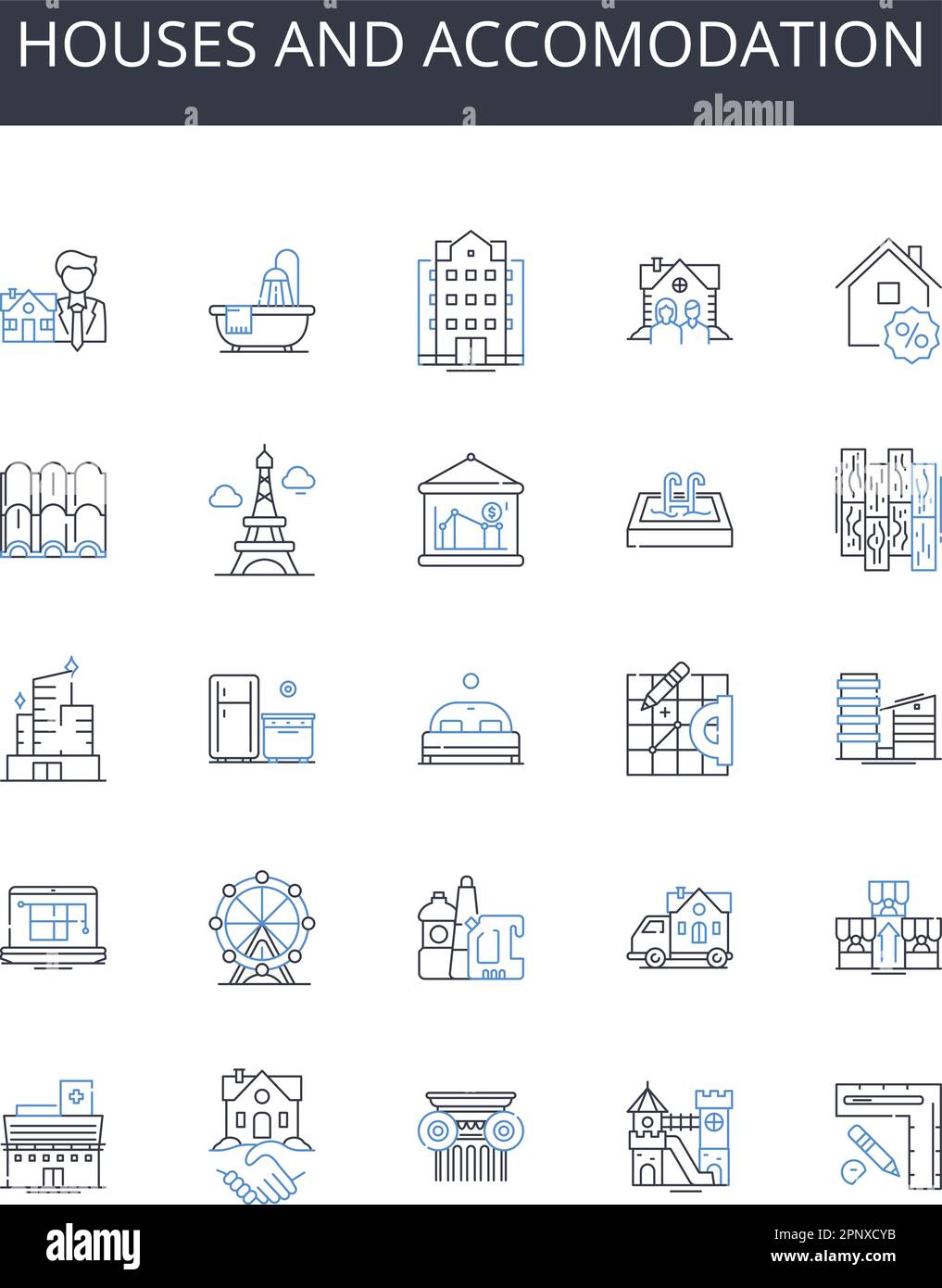 Collection d'icônes de maisons et de lignes d'hébergement. Résidences ...