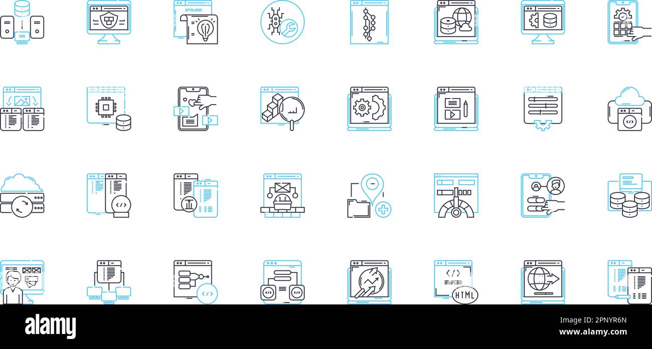 Ensemble d'icônes linéaires du codeur. Programme, algorithme, syntaxe ...