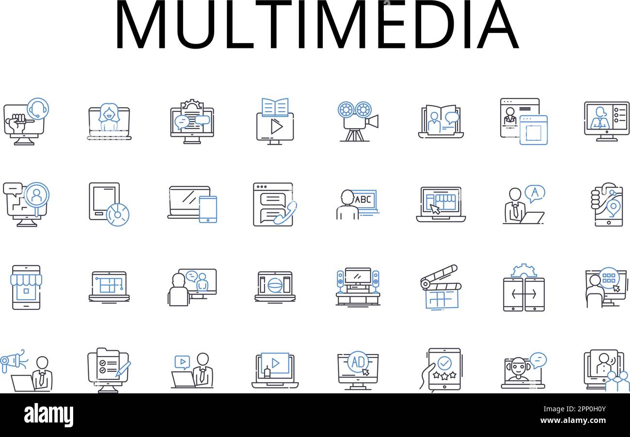 Collection d'icônes de ligne multimédia. Médias interactifs, contenu ...
