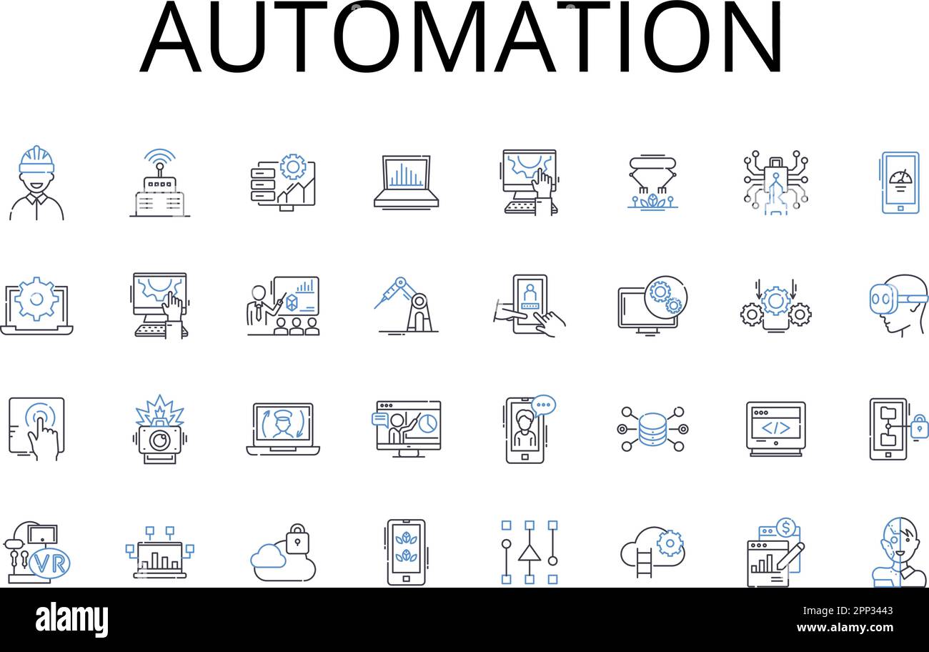Collection d'icônes de ligne d'automatisation. Mécanisation, innovation ...