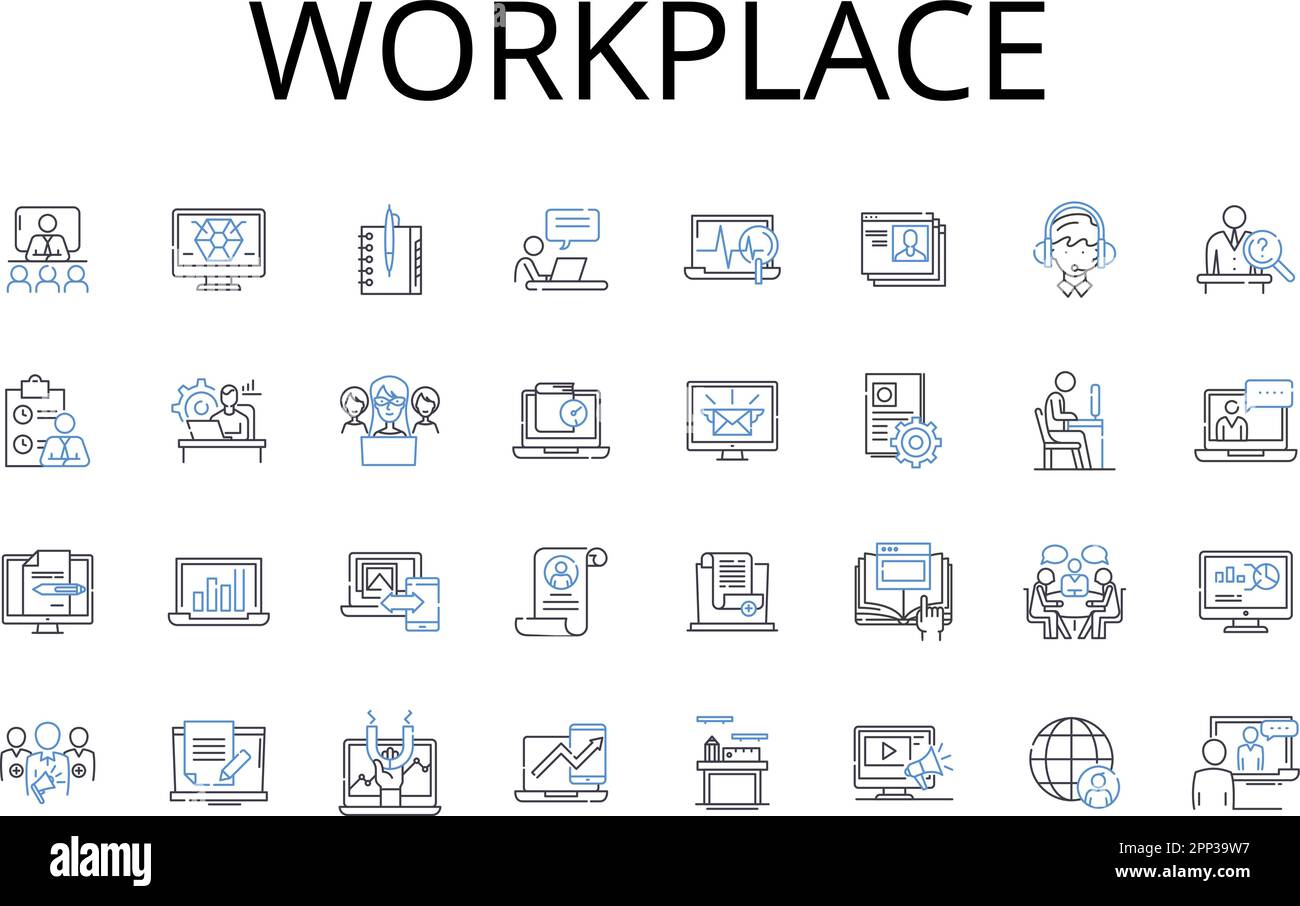 Collection d'icônes de ligne de poste de travail. Espace de bureau ...