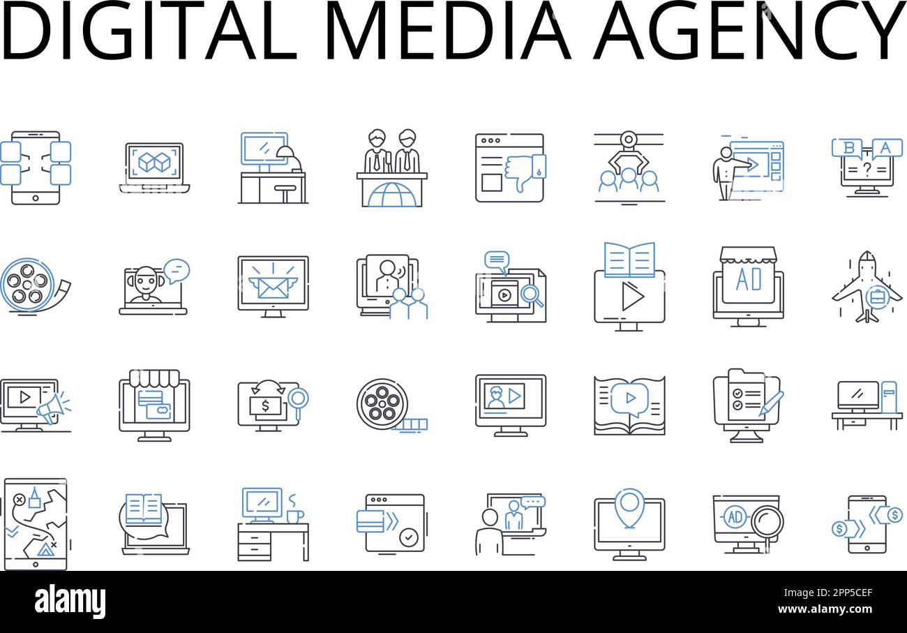 Collection d'icônes de ligne d'agence de médias numériques. Studio de ...