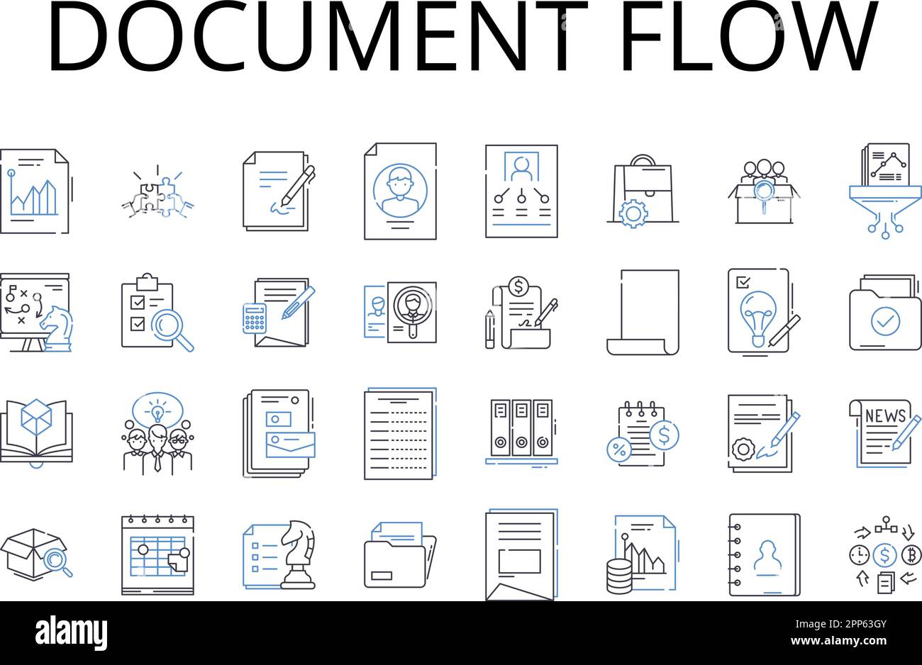 Collection d'icônes de lignes de flux de documents. Gestion des flux de travail, flux d ...