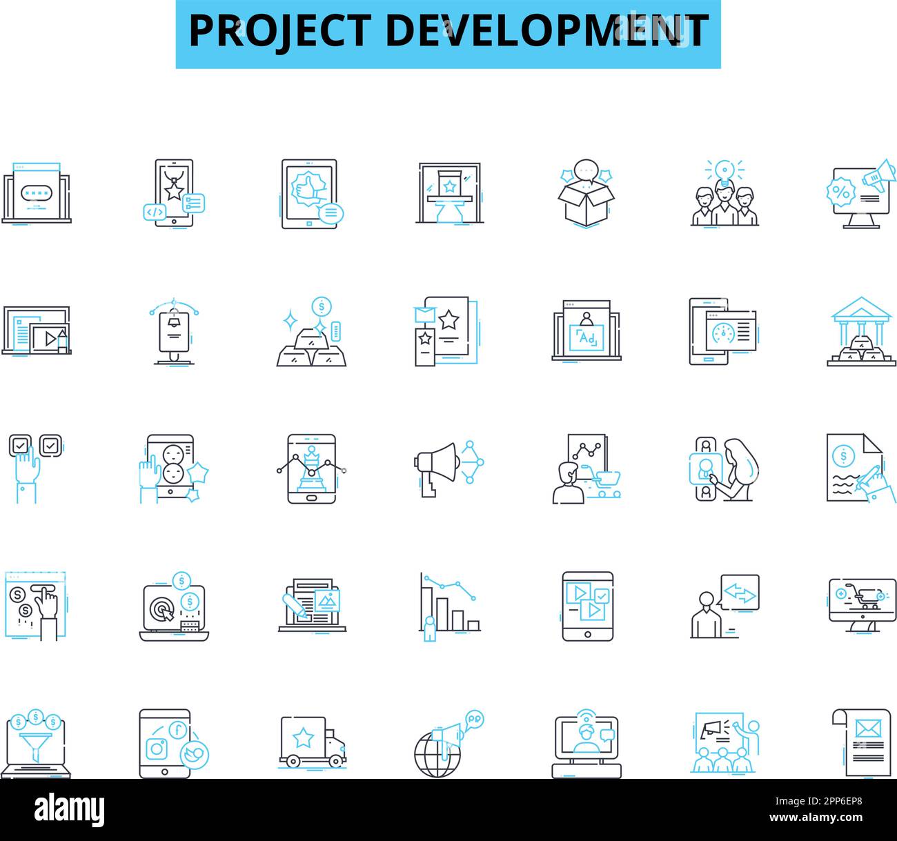 Ensemble d'icônes linéaires de développement de projet. Stratégie, planification, exécution ...