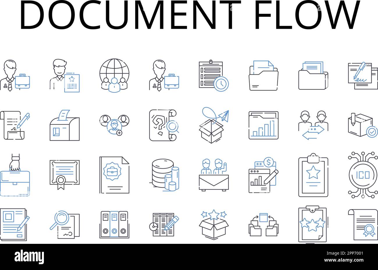 Collection d'icônes de lignes de flux de documents. Gestion des flux de ...
