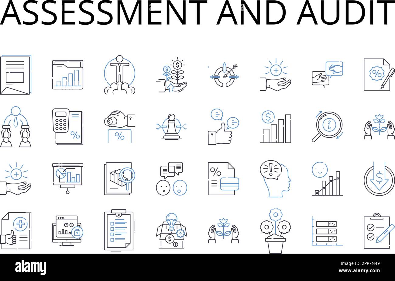 Collection d'icônes de ligne d'évaluation et d'audit. Analyse et ...