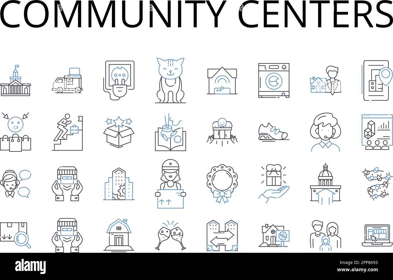 Collection d'icônes de lignes de centres communautaires. Établissements ...