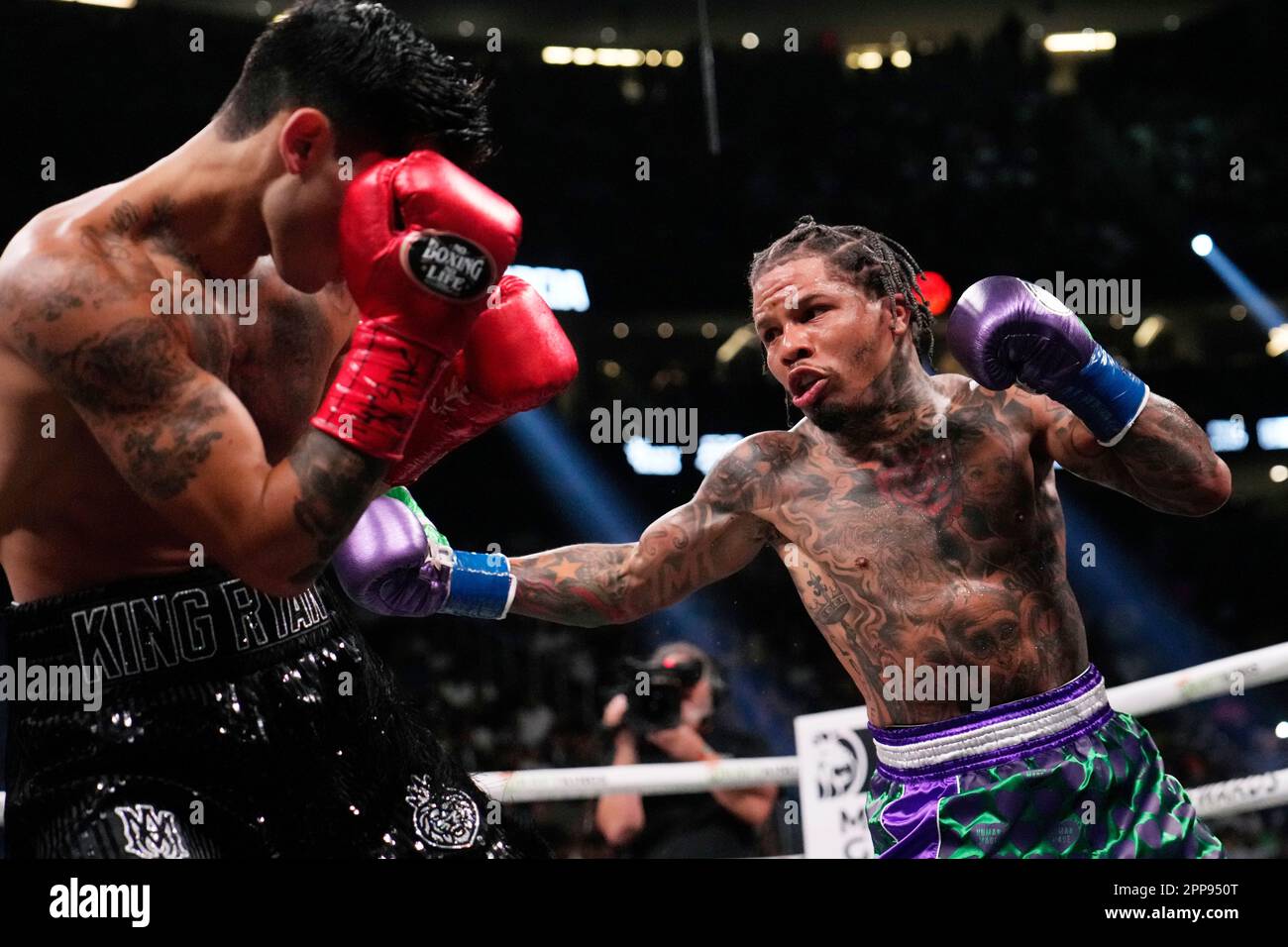 Gervonta Davis, right, swings at Ryan Garcia during a lightweight ...