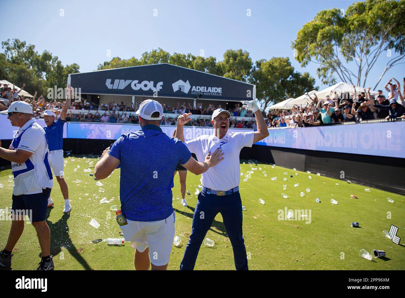 Chase Koepka of Smash GC reacts after making a hole-in-one on the 12th ...