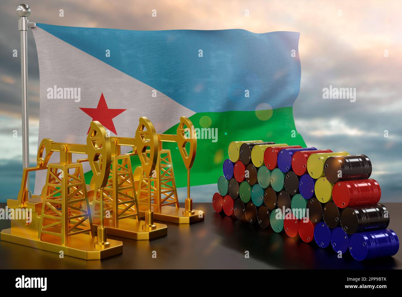 Le marché pétrolier de Djibouti. Pompe à huile en or et fûts ...