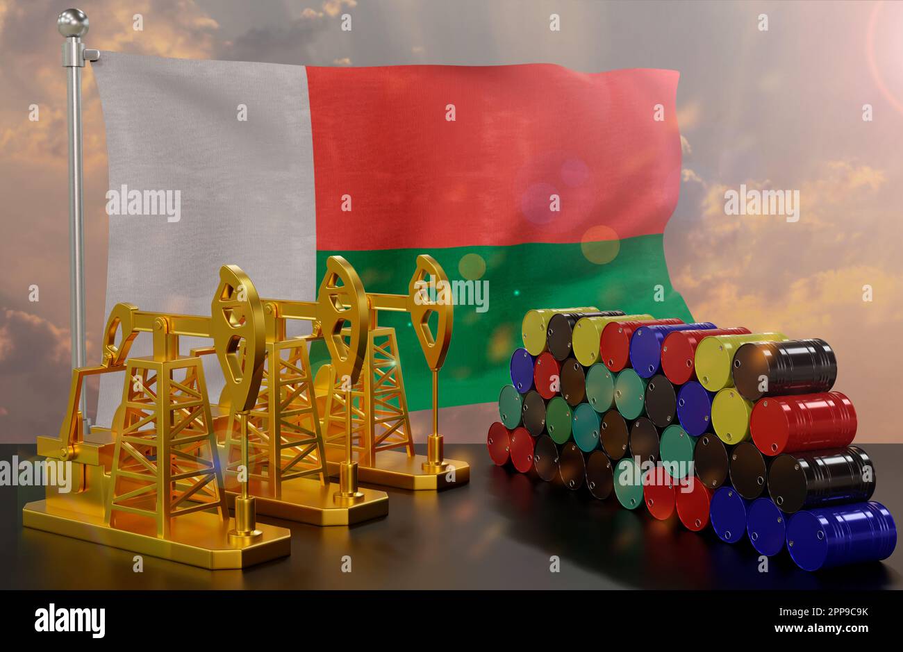 Le marché pétrolier de Madagascar. Pompe à huile en or et fûts ...