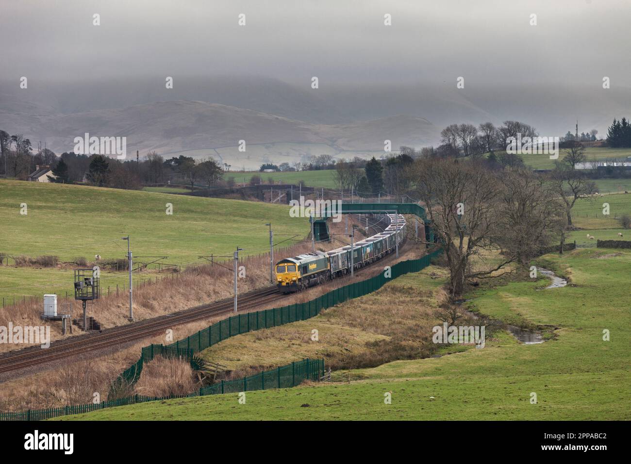 La locomotive diesel Freightliner de classe 66 66606 traverse la ...