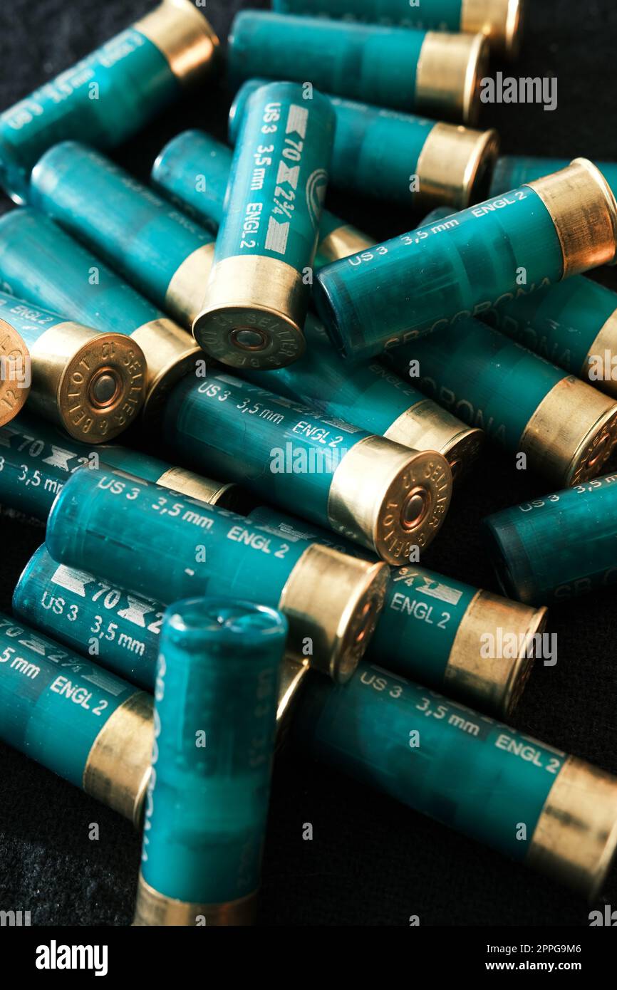 Obus de fusil de chasse sur une surface noire. Munition pour armes à ...
