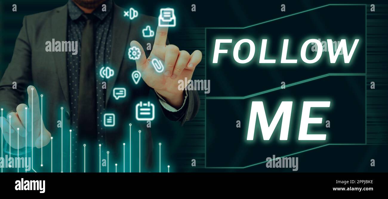 Signe écrit à la main Suivez-moi, mot écrit sur inviter une personne ou ...