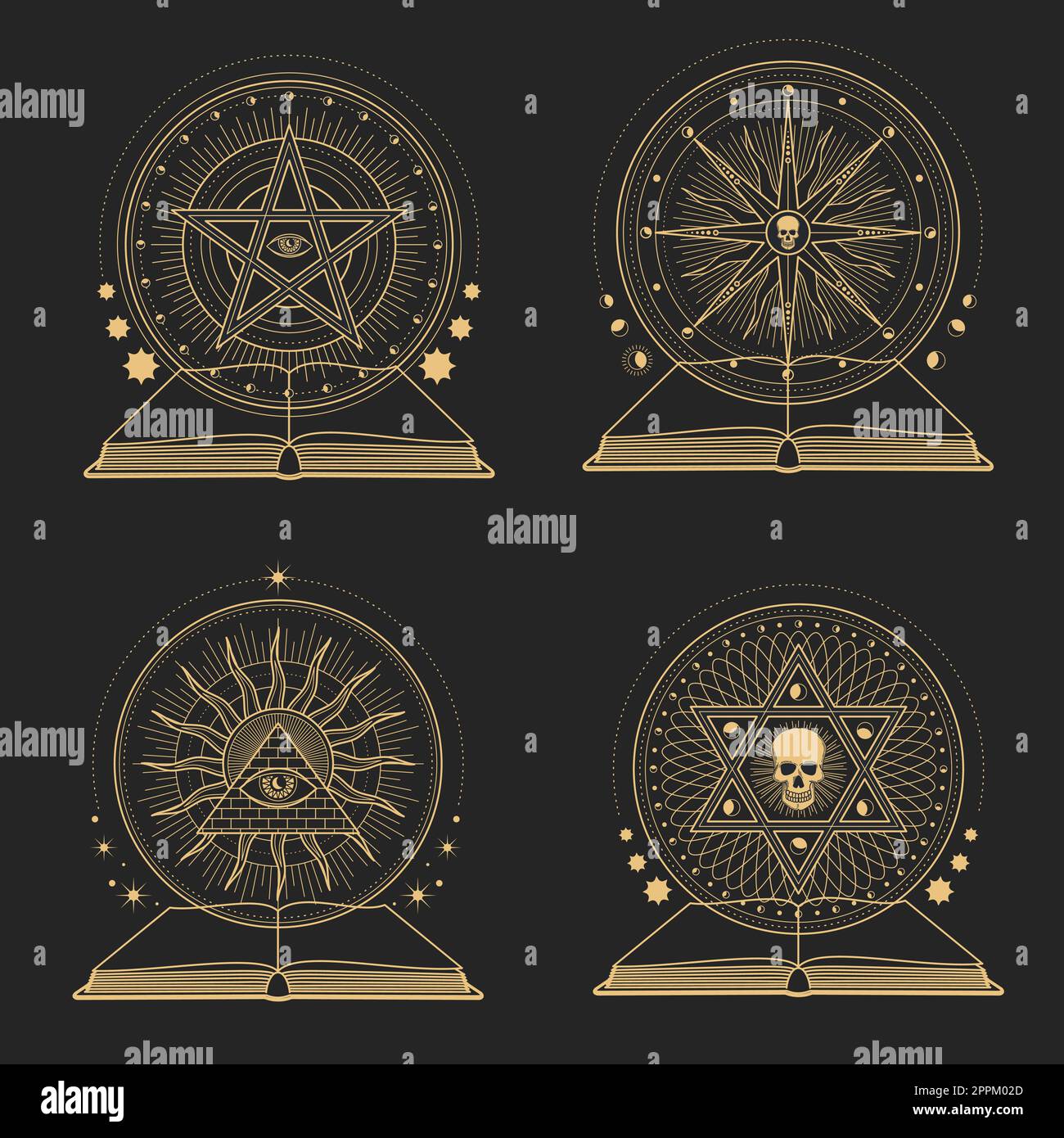 Symboles magiques occulte et ésotériques avec des livres. Signe d ...