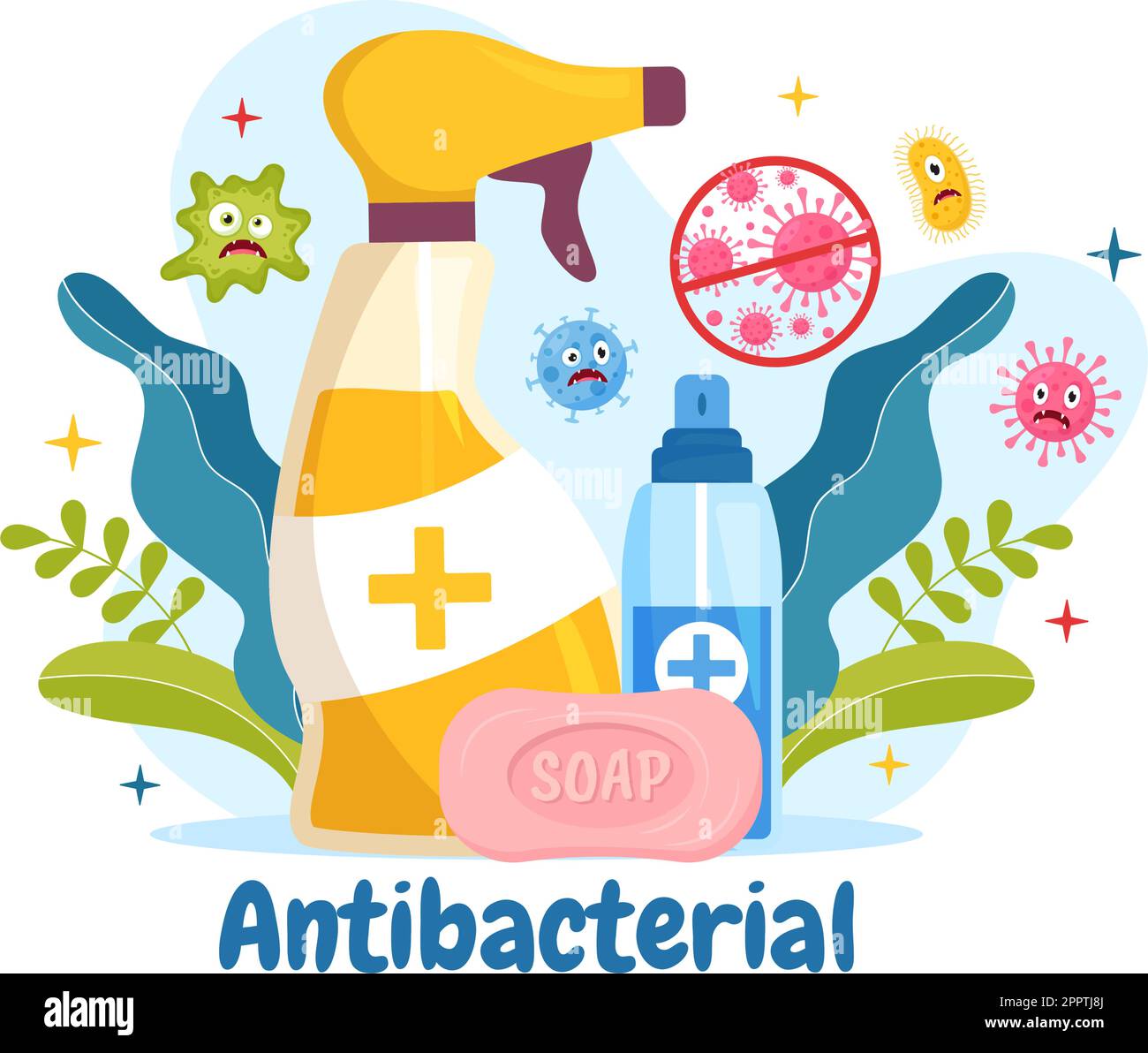 Illustration antibactérienne avec se laver les mains, virus infection ...