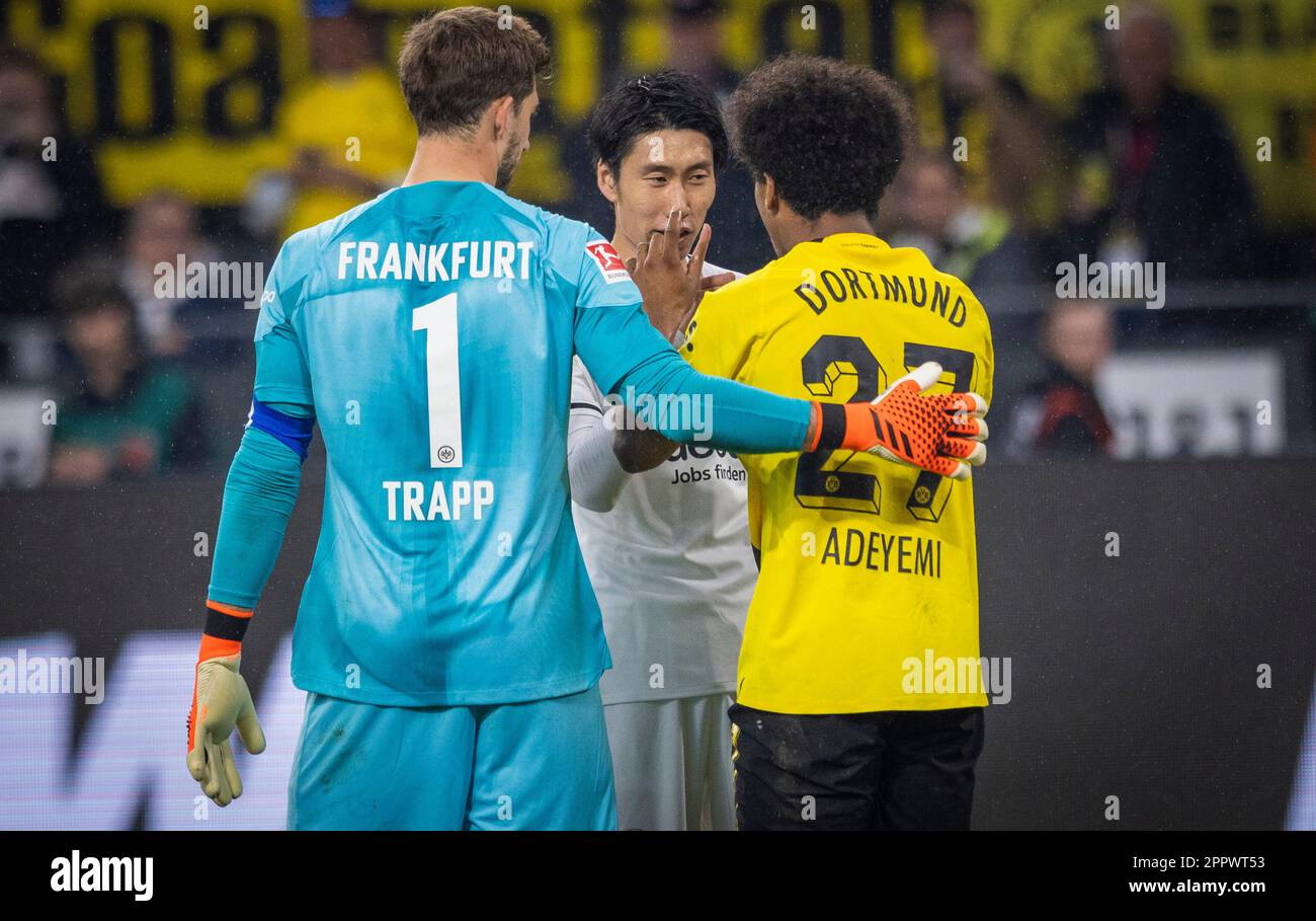 Dortmund, Allemagne. 22nd avril 2023. Torwart Kevin Trapp (FRA), Daichi Kamada (FRA), Karim ...