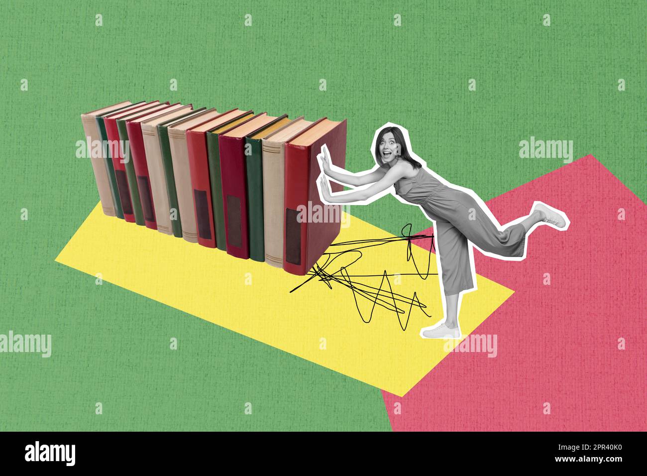 Photo collage lecture mode de vie concept jeune fille étudiante pousser ...