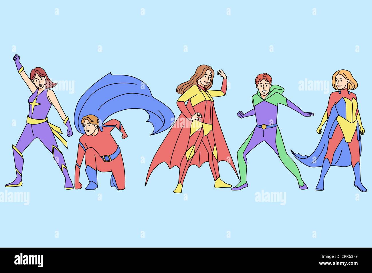 Les super-héros en costumes montrent des poses différentes. Les ...