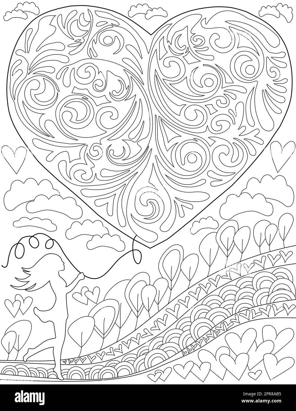 Page de coloriage avec fille tenant le cerf-volant en forme de coeur ...