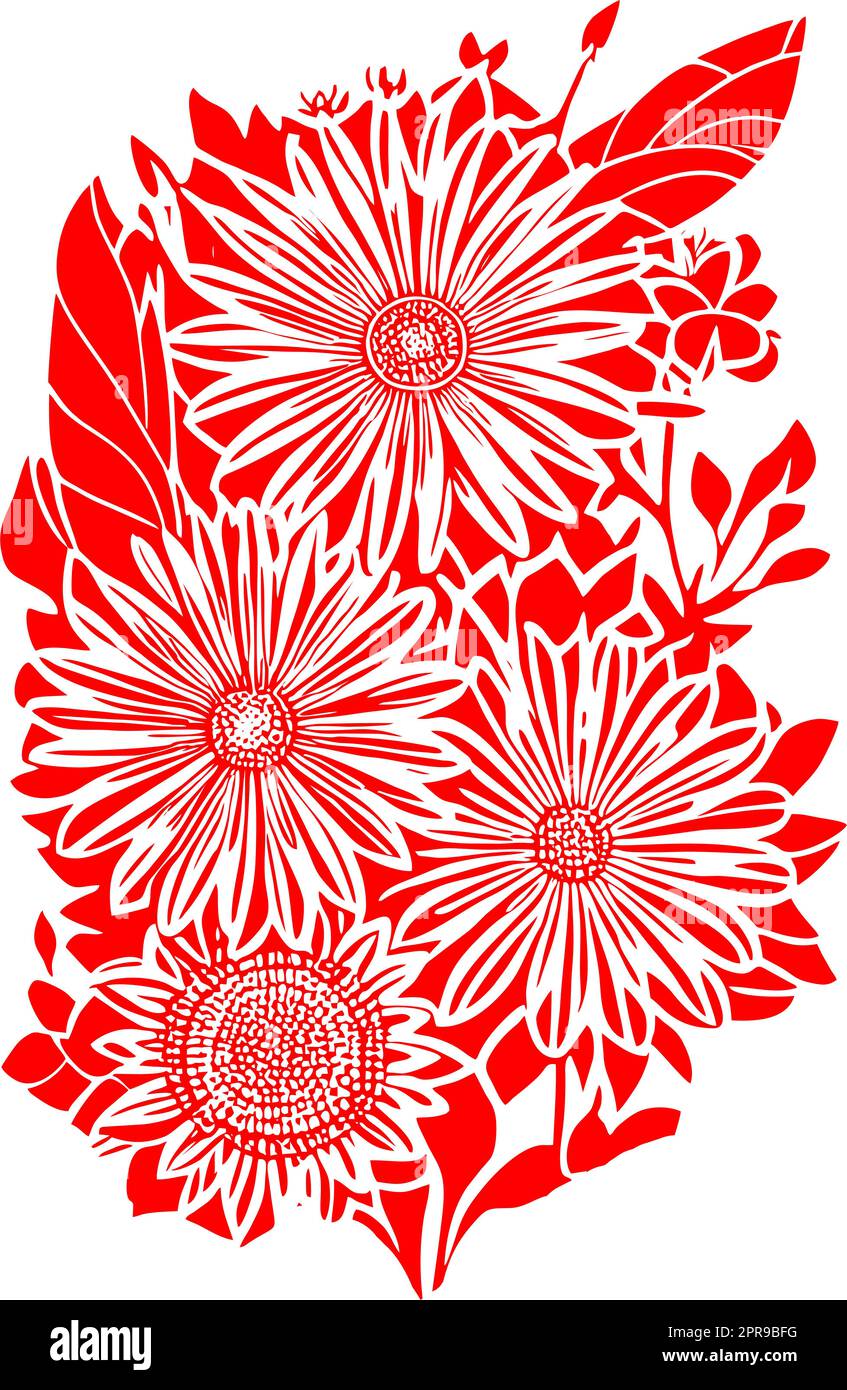 contour graphique rouge dessin d'un bouquet de fleurs sur fond blanc ...