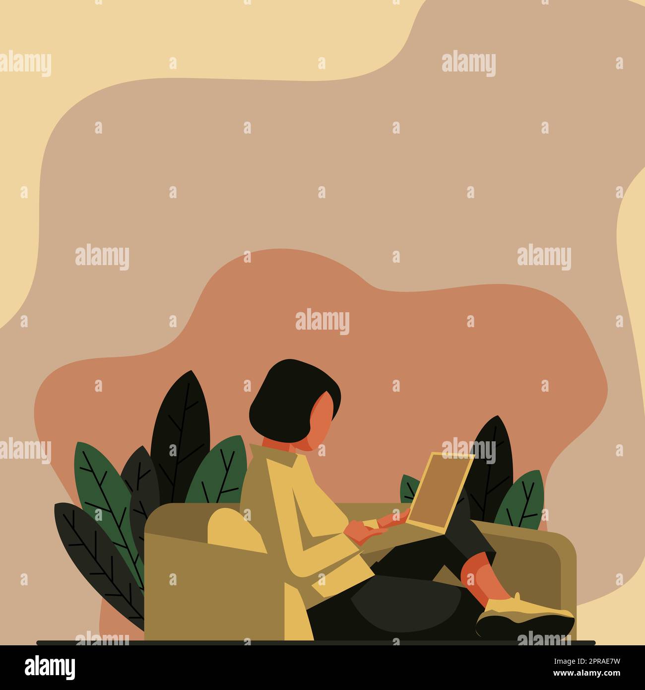 Lady dessin assis sur un canapé à l'aide d'un ordinateur portable ...