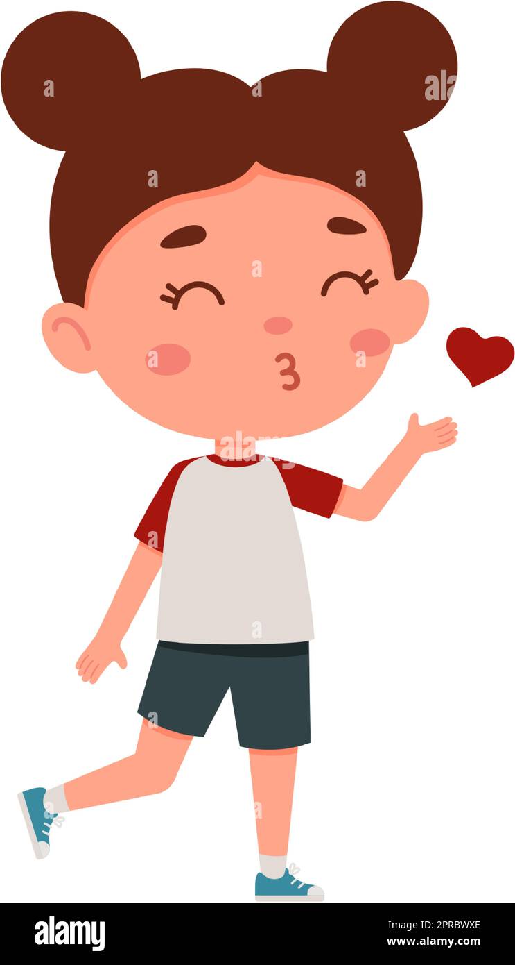 Petite fille mignonne soufflant un baiser. Dessin animé école ...