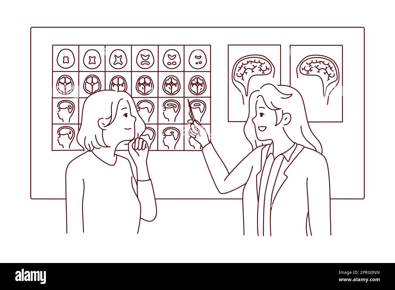 Femme médecin montrer des images du cerveau à la patiente pensive à l'hôpital. Neurologue ...
