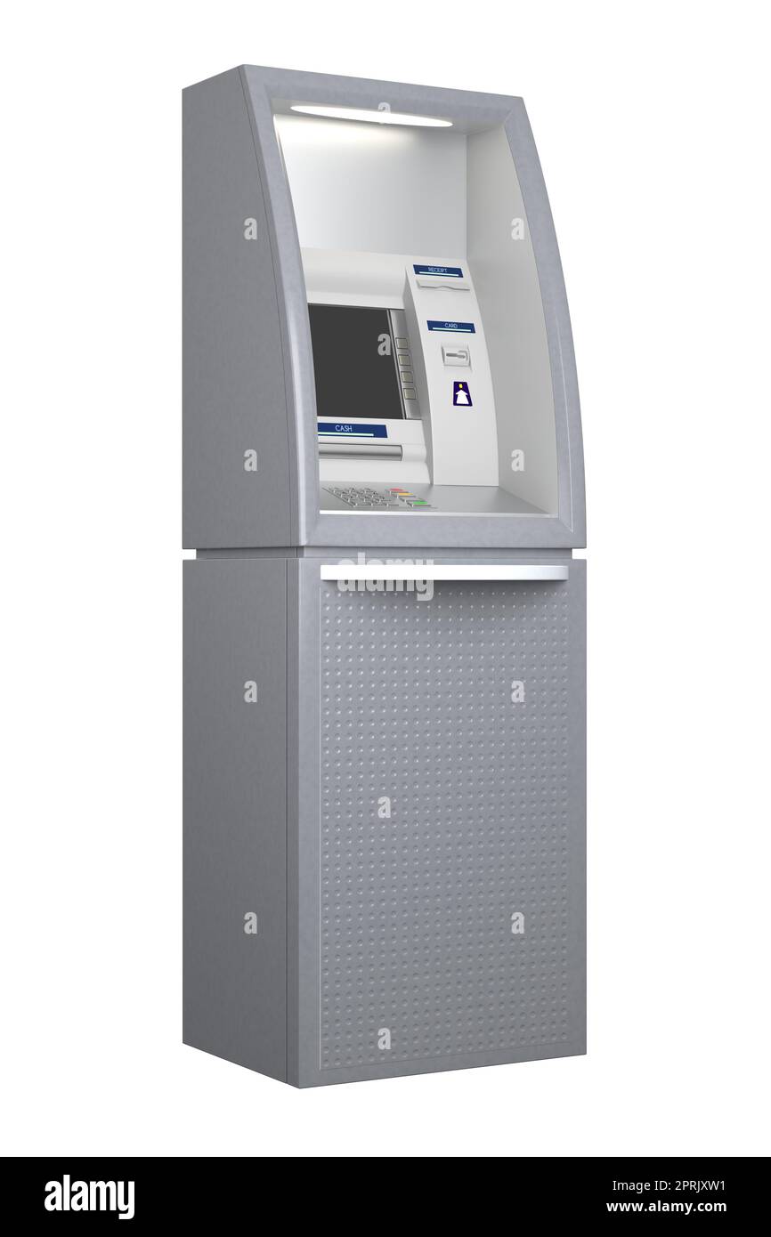 Distributeur automatique de billets isolé sur fond blanc, vue latérale ...