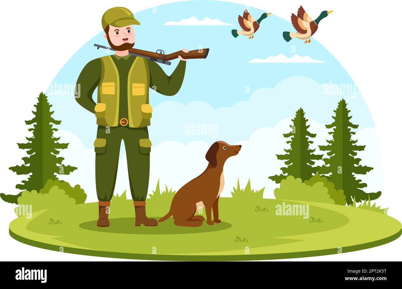 Chasseur Avec Fusil De Chasse Ou Arme De Tir à Des Oiseaux Ou Des Animaux Dans La Forêt Sur Un