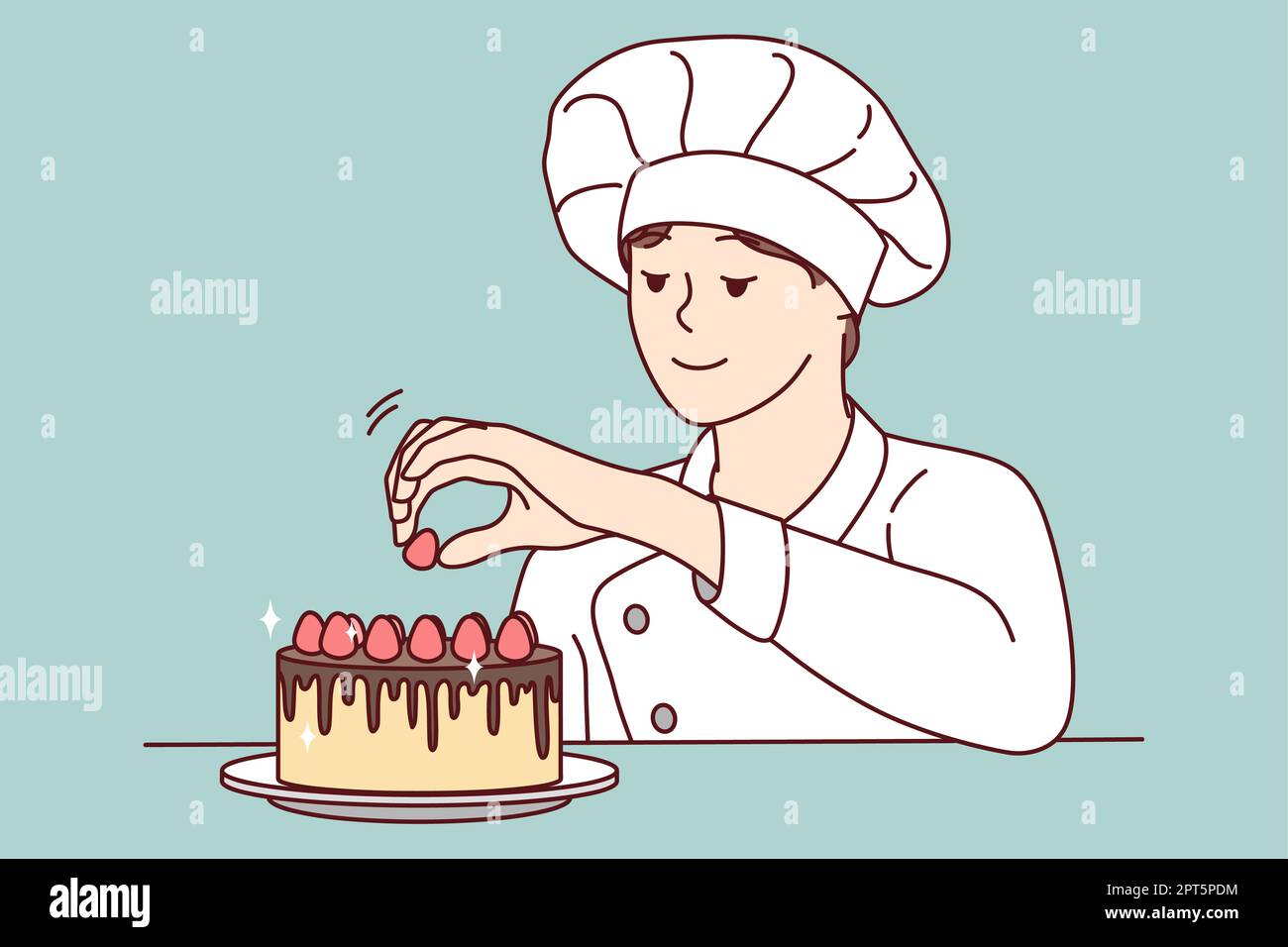 Chef de pâtisserie souriant décorant le gâteau avec des fruits. Dessert ...