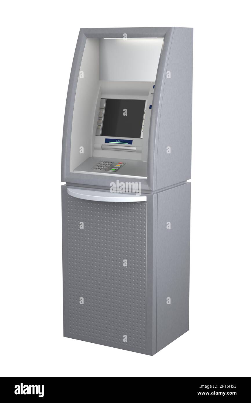 Distributeur automatique de billets isolé sur fond blanc, vue latérale ...