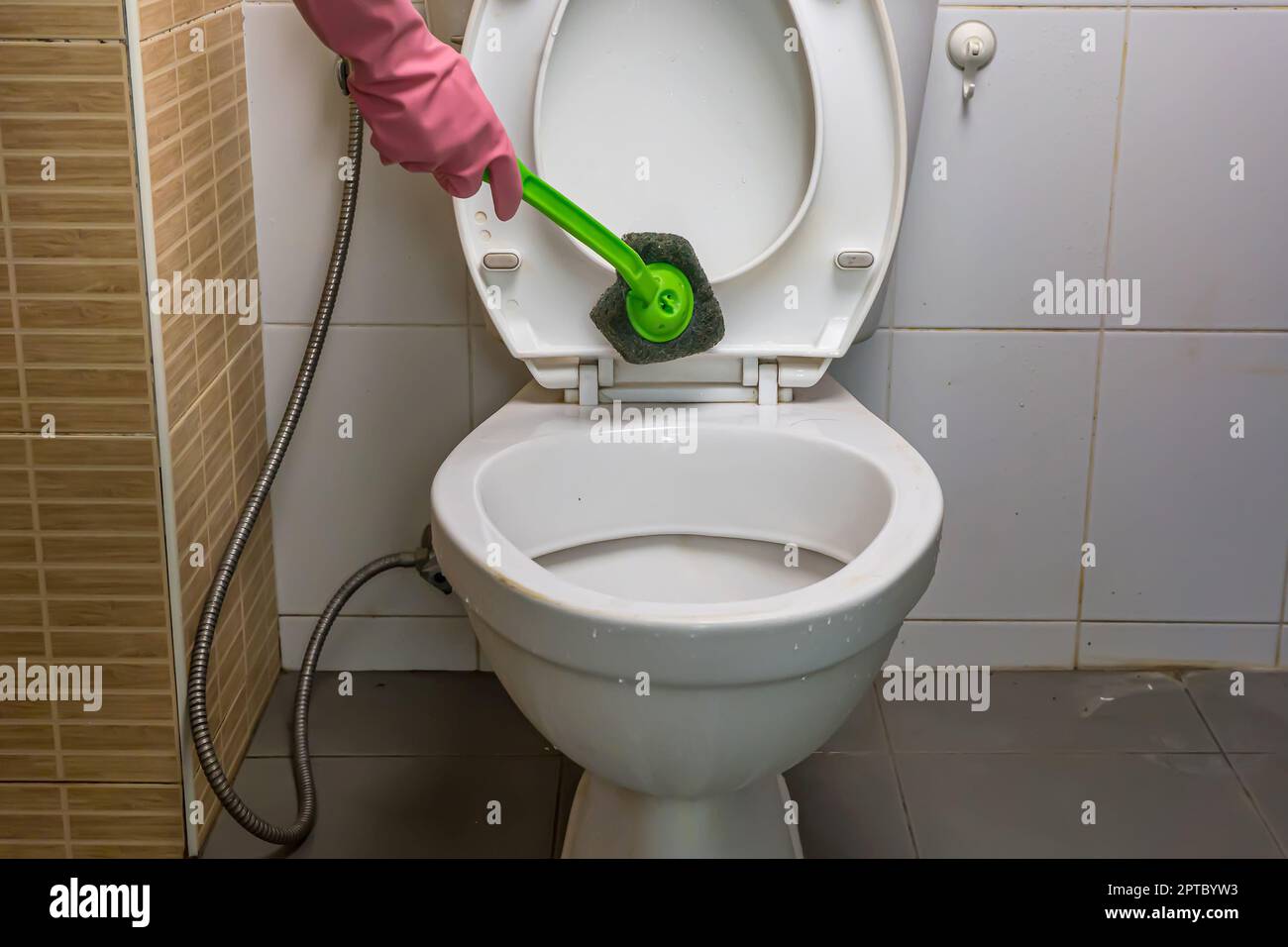 Femme nettoyant les toilettes qui sont très sales Photo Stock - Alamy