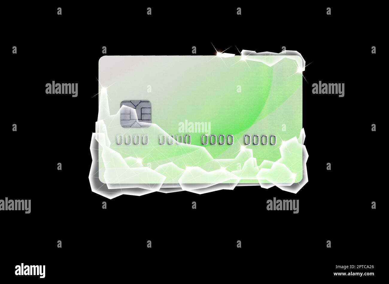 Carte de crédit vert congelé dans un des blocs de glace isolé sur fond ...