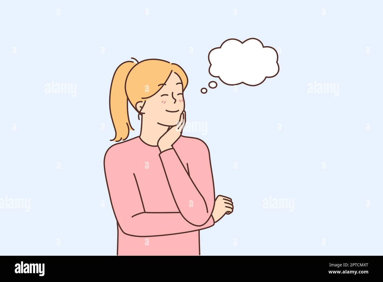 Jeune femme souriante avec bulle d'expression au-dessus de la tête de ...