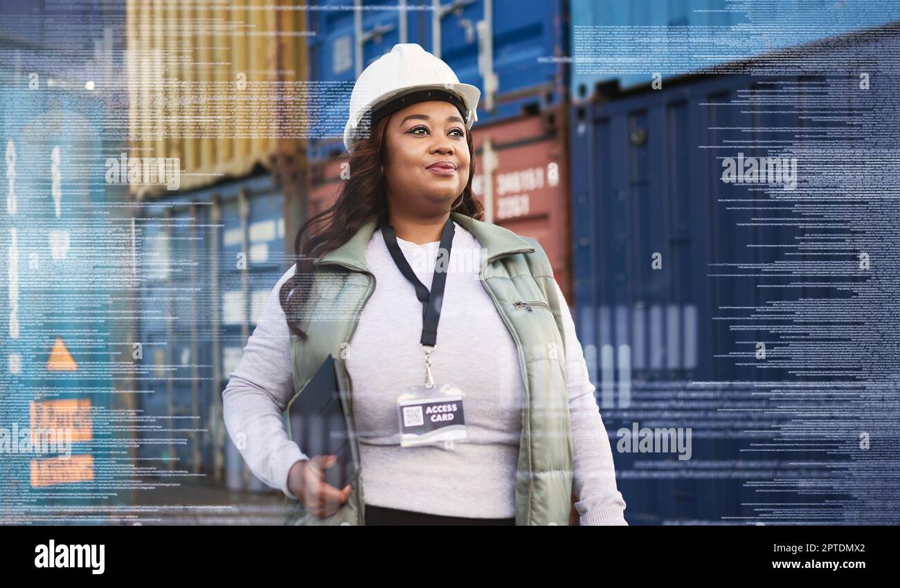 Logistique, superposition et femme noire à la tête d'une chaîne logistique d'expédition pour l ...