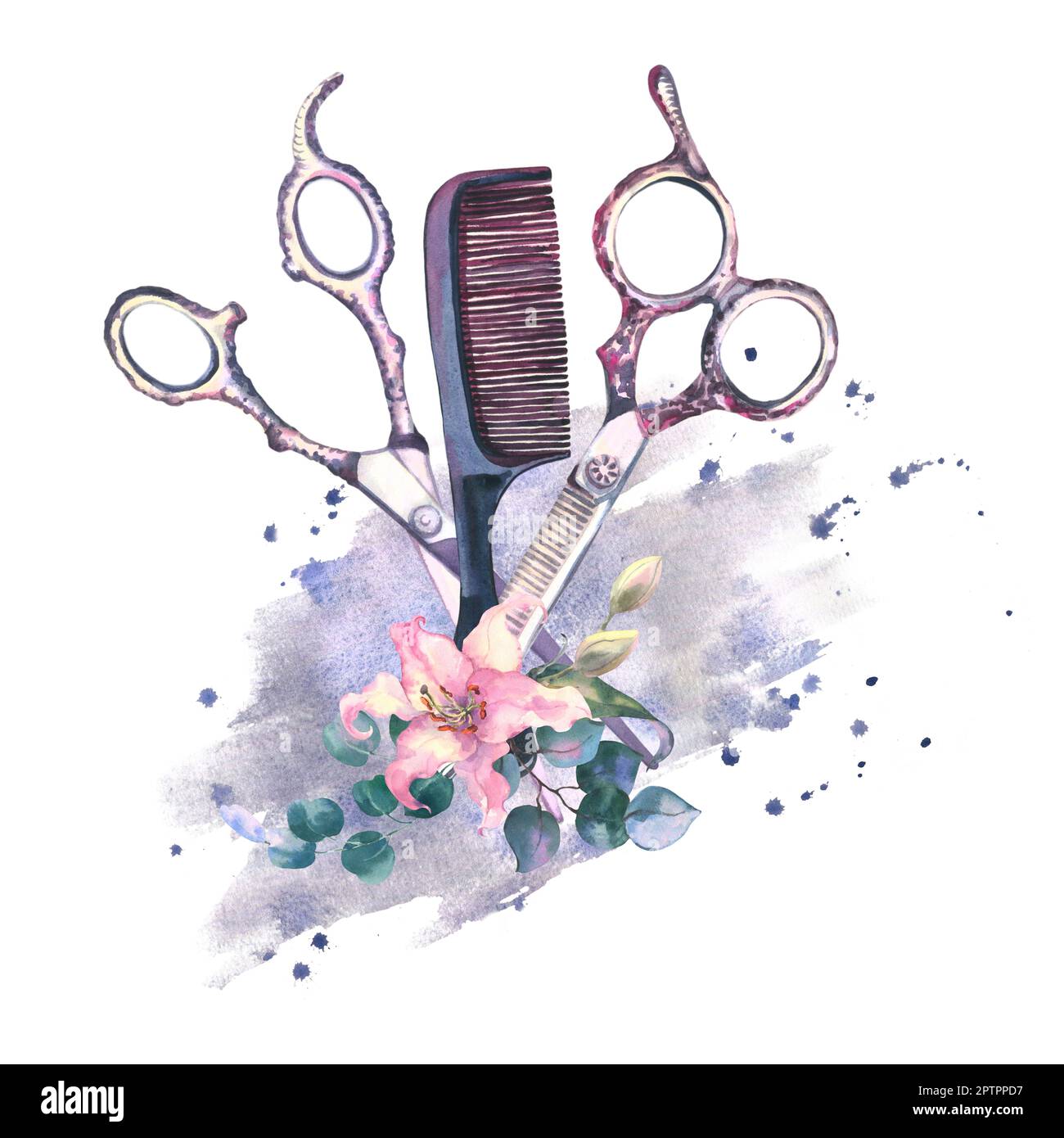 Illustration coiffure aquarelle. Salon de coiffure avec ciseaux, brosse ...