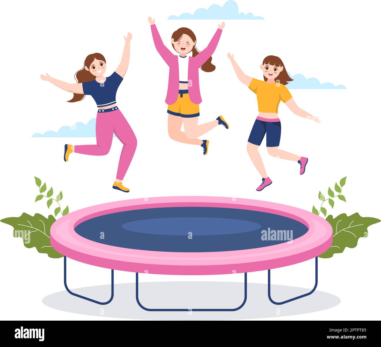 Illustration de trampoline avec saut de jeunes sur un trampolines dessiné à la main dessin à la ...