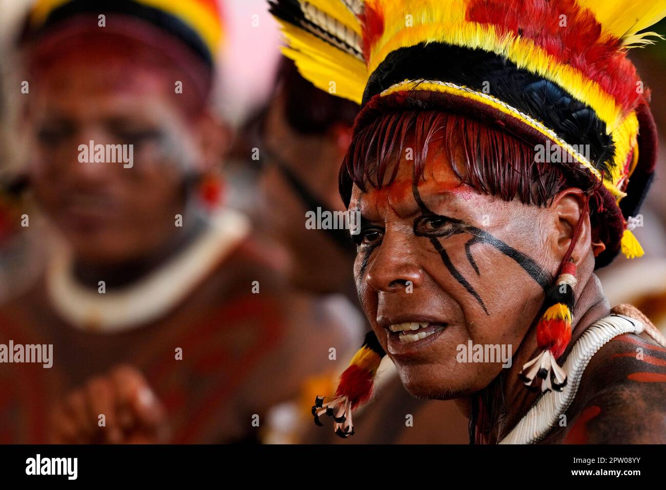 Kamayura Indigenous people attend the closing of the annual Terra Livre ...