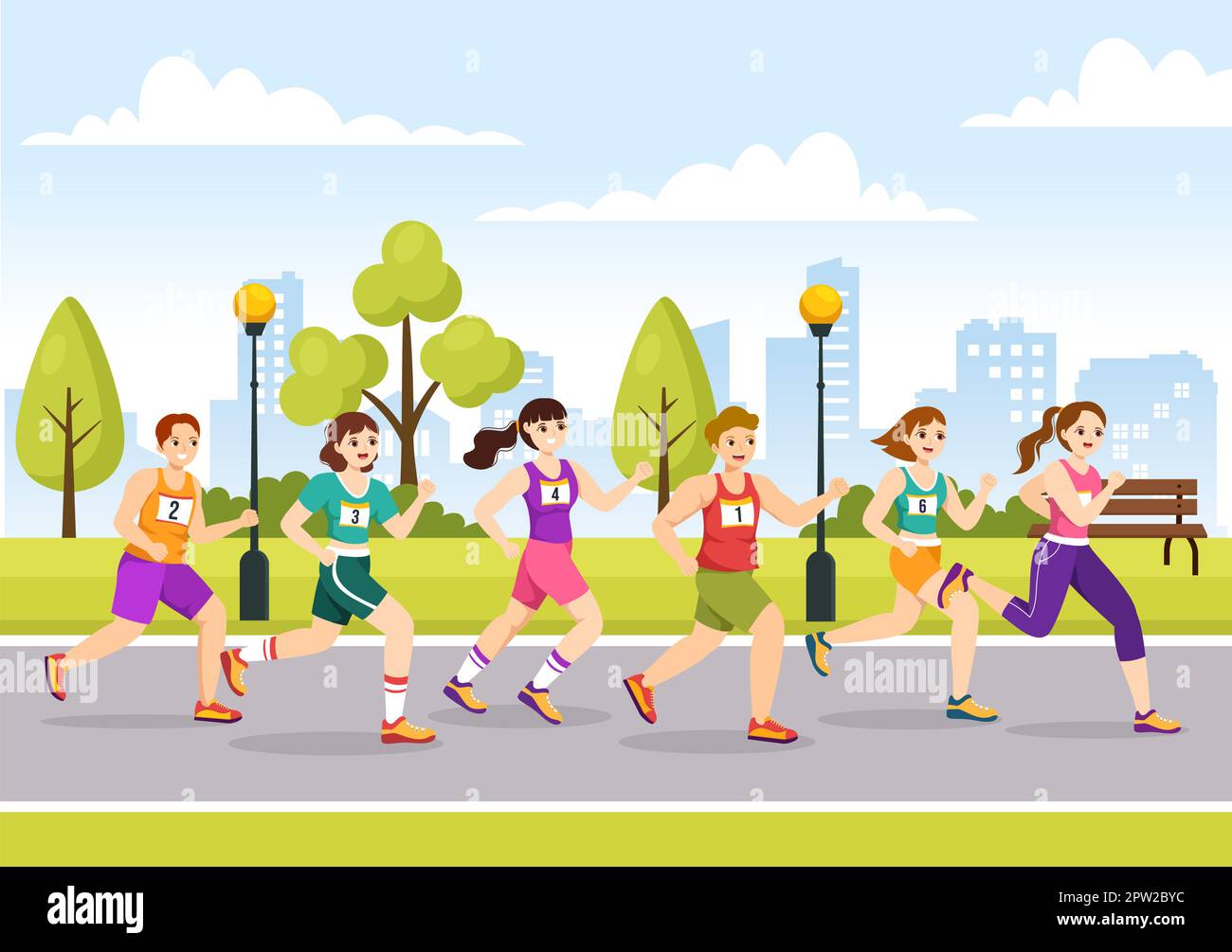 Illustration de la course de marathon avec des personnes en course, en ...