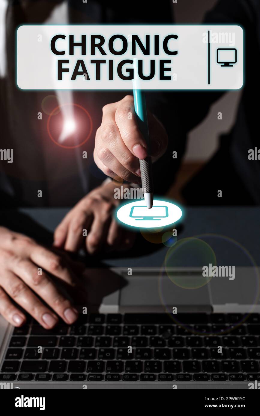 Inspiration montrant le signe fatigue chronique, Internet concept Une ...