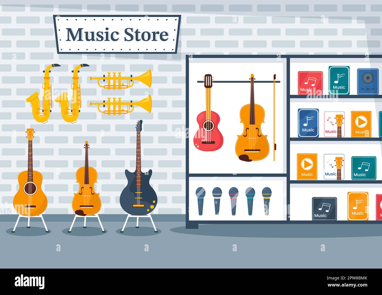 Music Store avec divers instruments de musique, CD, cassettes et ...