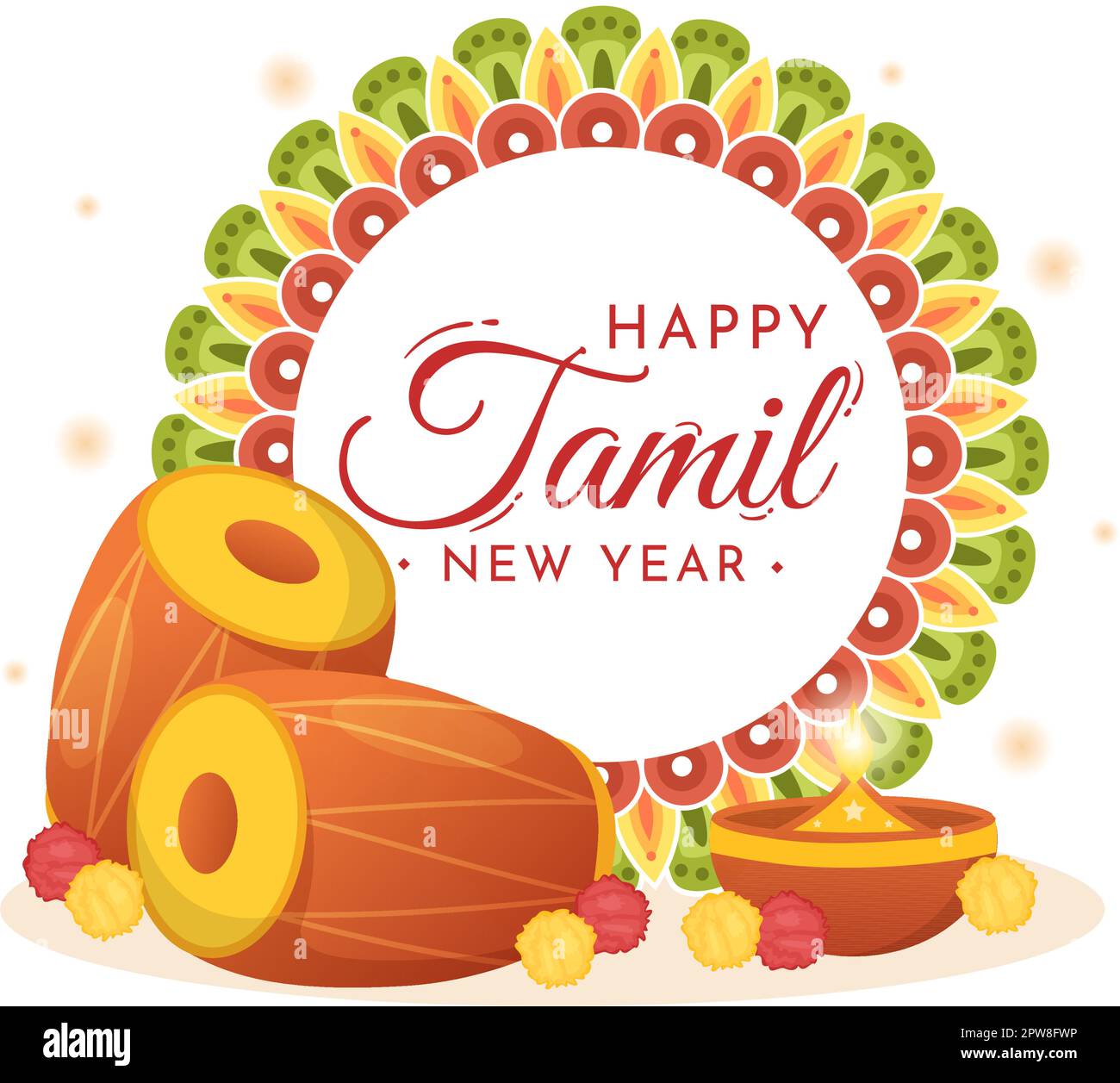 Bonne illustration du nouvel an tamoul avec fleurs de Vishu, pots et ...