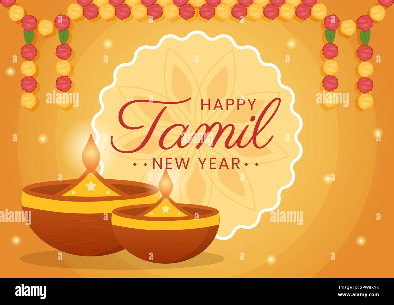 Bonne illustration du nouvel an tamoul avec fleurs de Vishu, pots et ...