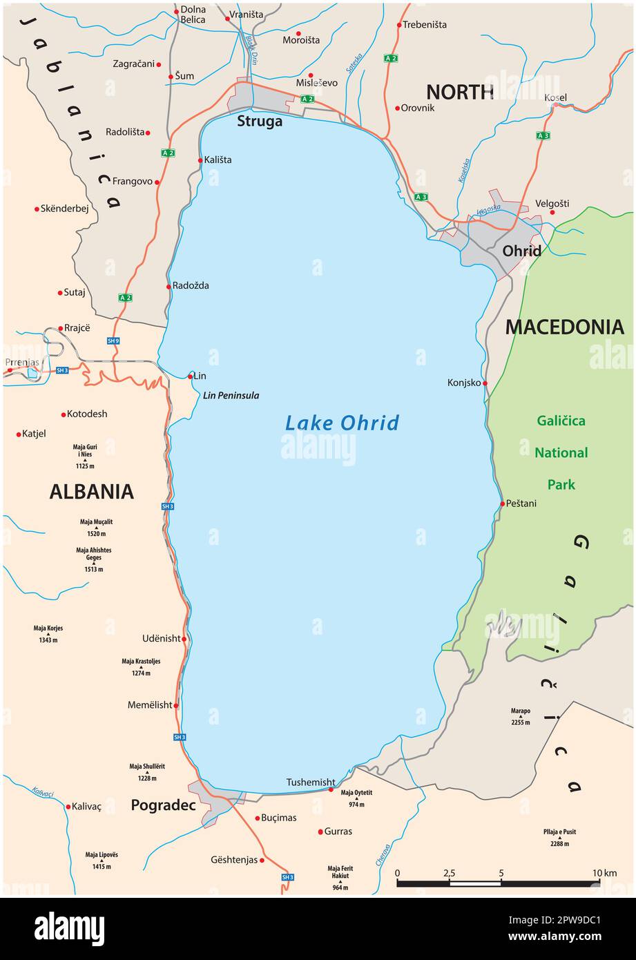 Carte routière du lac d'Ohrid albanais et macédonien du Nord Image ...