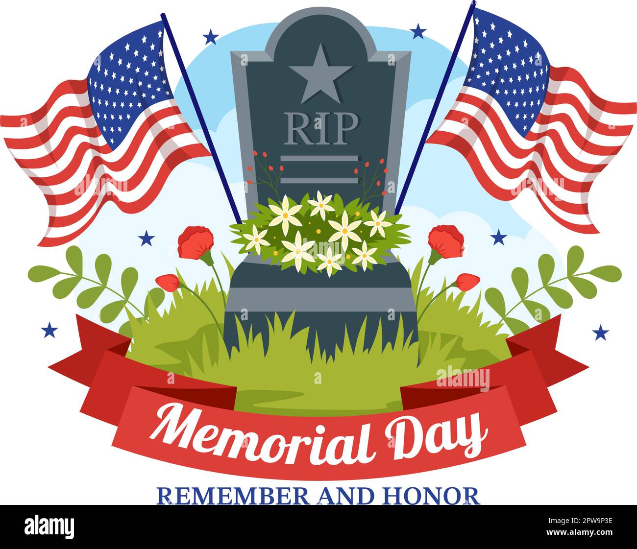 Memorial Day Illustration avec drapeau américain, Remember and Honor to Meritorous Soldier in ...
