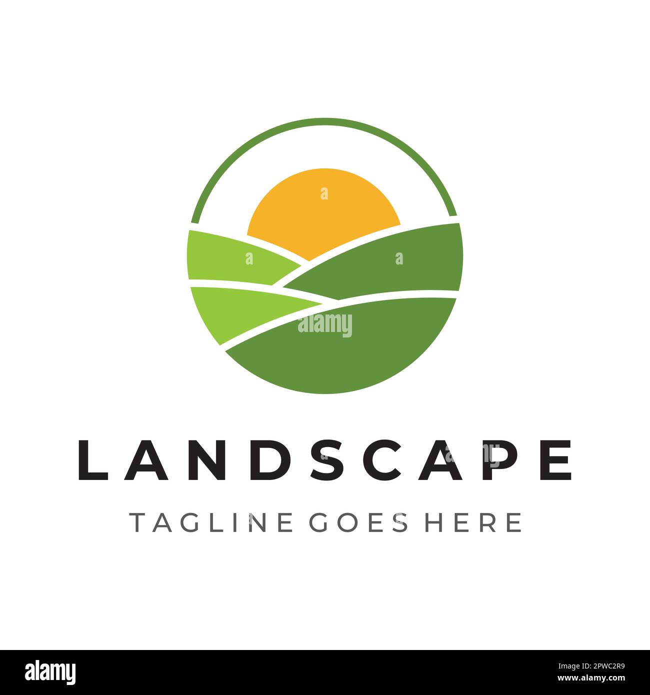 Logo vert paysage modèle créatif avec terres agricoles ou plantations ...