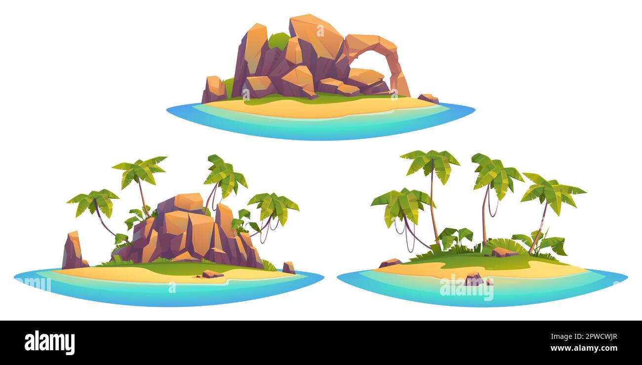 Décor de dessin animé d'une île tropicale inhabitée. Petite île de ...