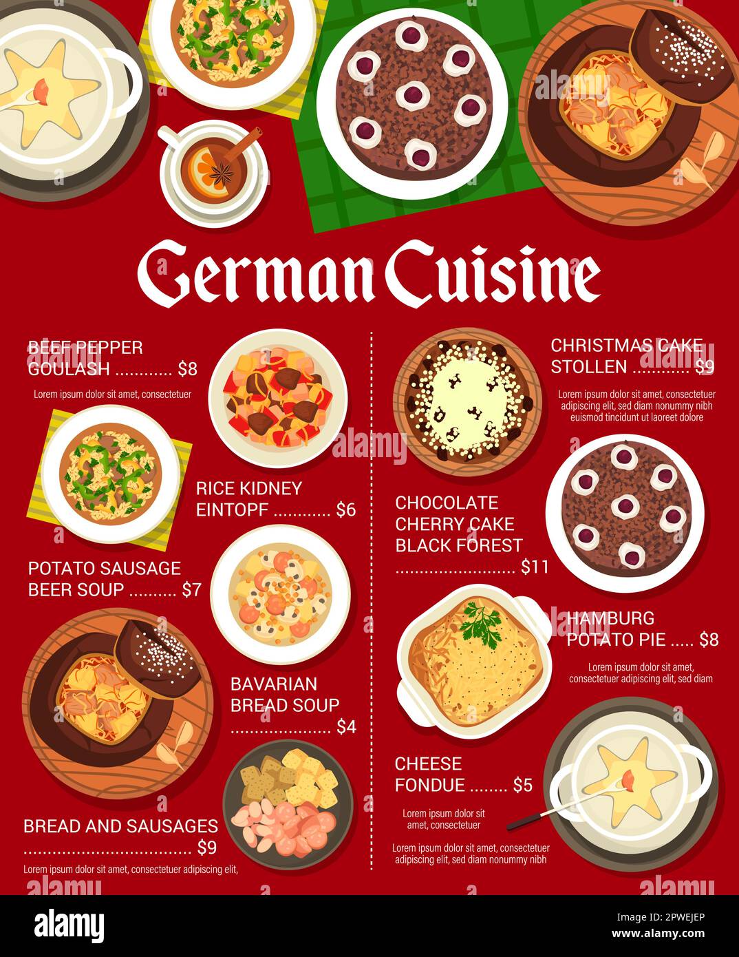 Menu du restaurant de cuisine allemande. Saucisses, gâteau de la Forêt ...