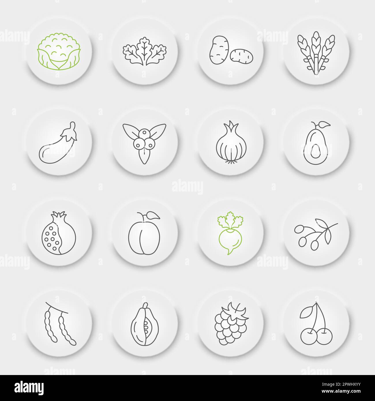 Ensemble d'icônes de ligne de fruits et légumes, collection de symboles ...